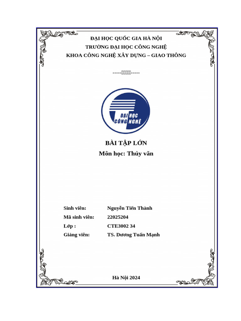 BTL Thủy văn - Nguyễn Tiến Thành - 22025204 (Tiểu luận Word) | PDF