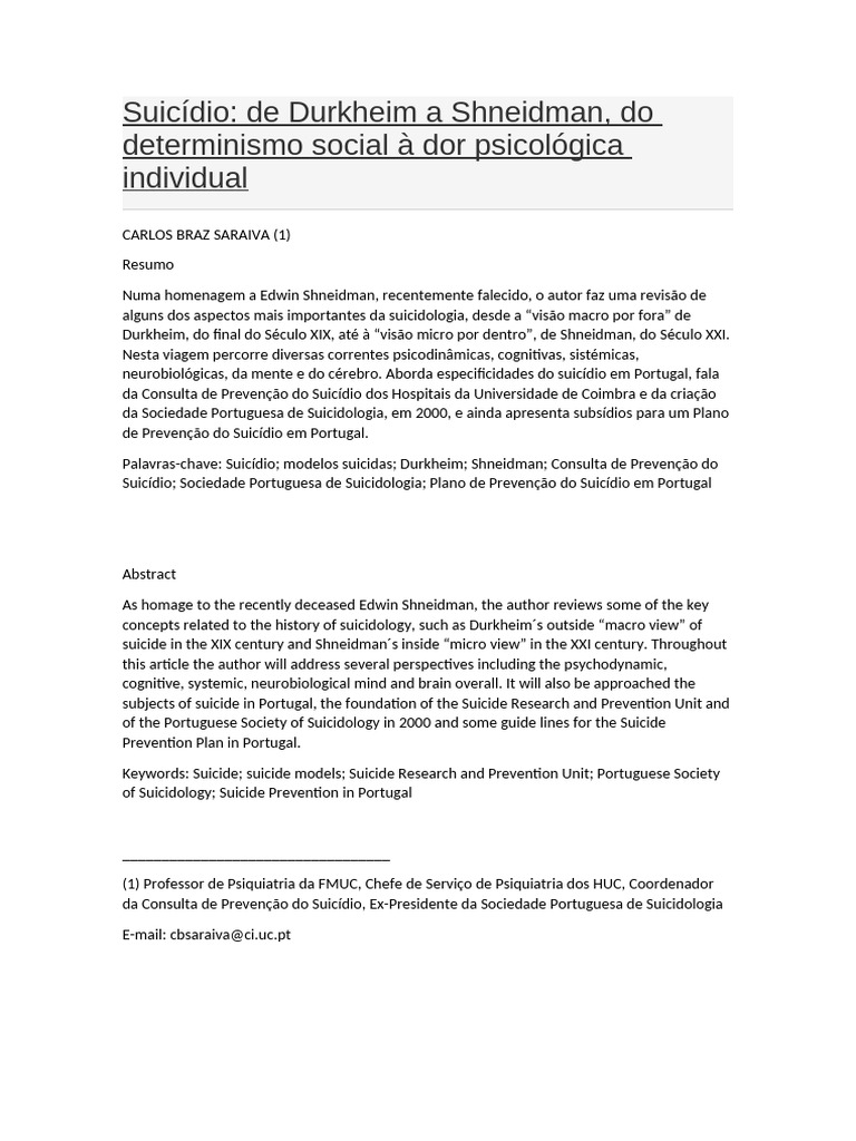 Suicídio de Durkheim A Shneidman Do Determinismo Social À Dor ...