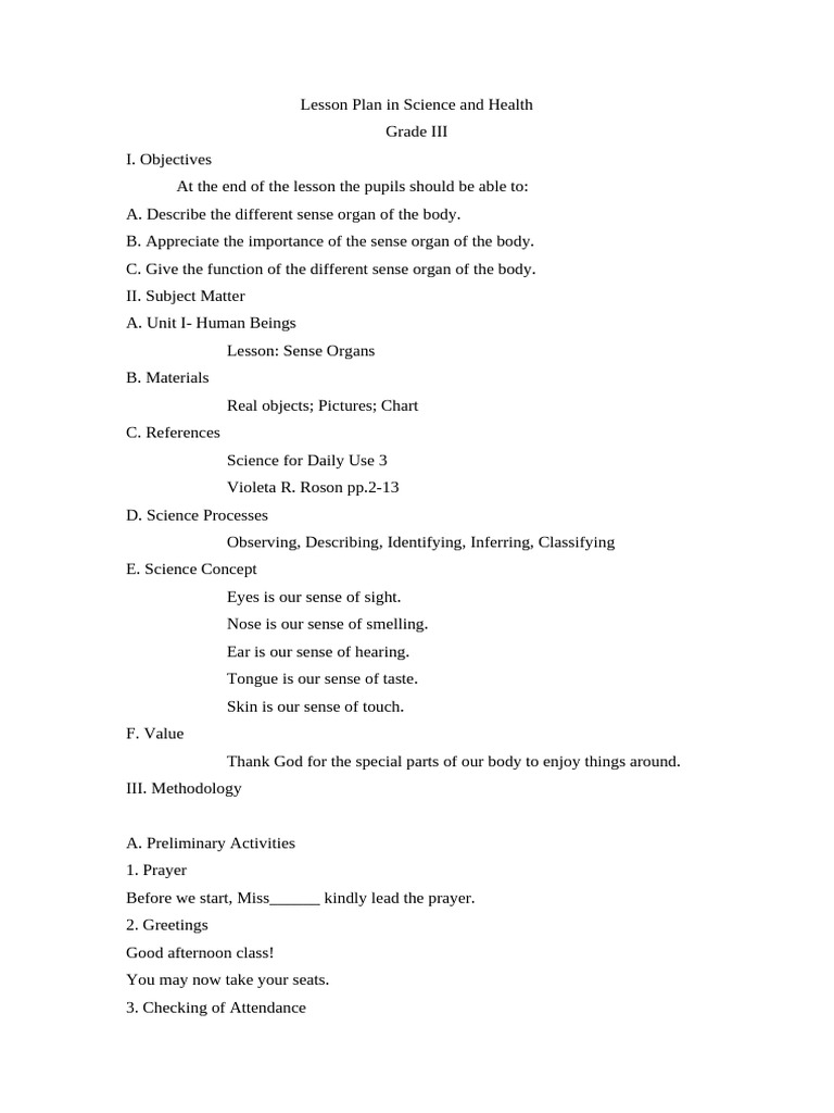 Lesson Plan in Science and Health | PDF | Senses | Helen Keller