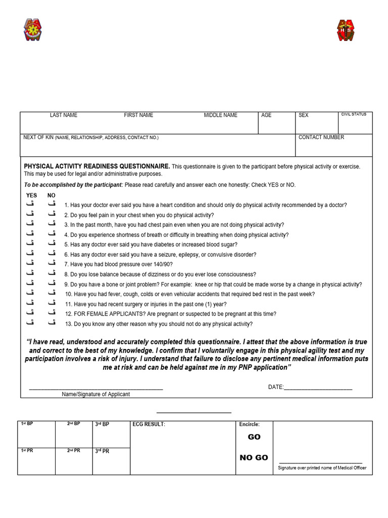 Pat Physical Readiness Questionare2 | PDF | Clinical Medicine ...