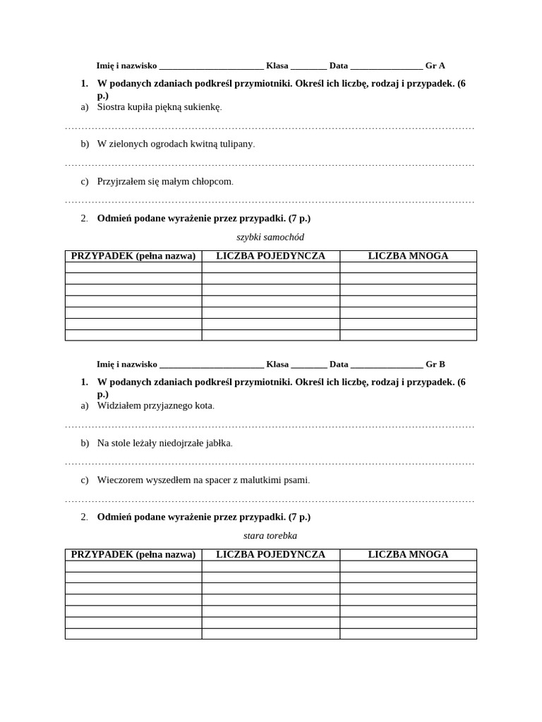 Kartkówka Przymiotnik | PDF