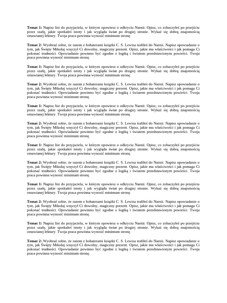 Tematy Opowieści Z Narnii I TERMIN I POPRAWA | PDF