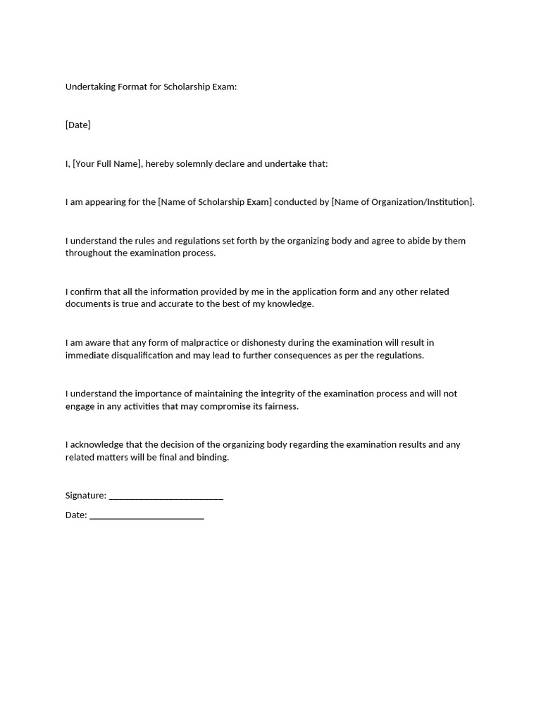Undertaking Format For Scholarship Exam | PDF