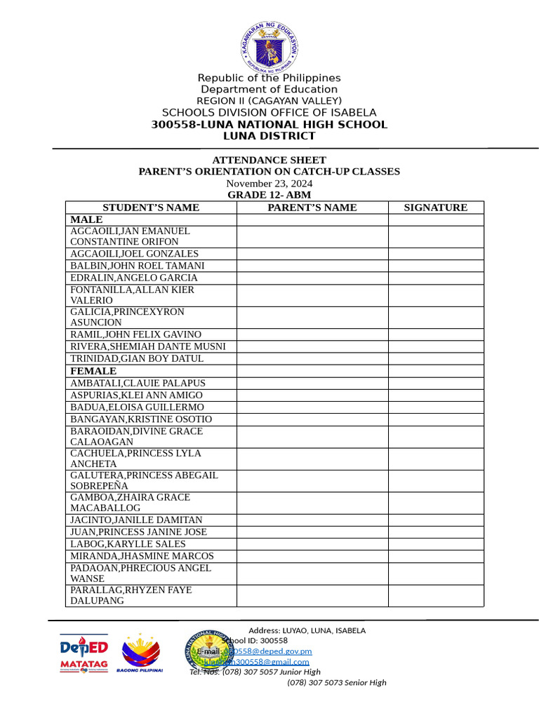 Grade 12 Parent Orientation Attendance | PDF