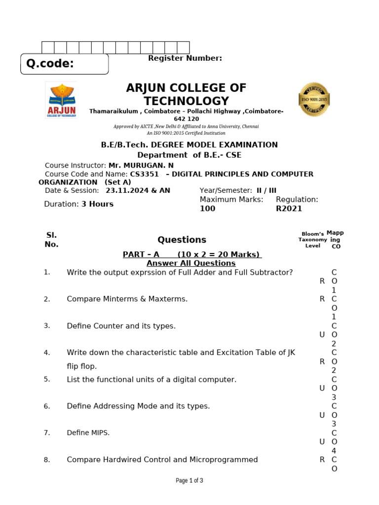 Cse Set A Dpco 22nov2024 | PDF | Computing | Computer Architecture