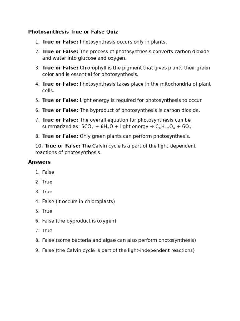 Photosynthesis True/False Quiz | PDF | Science & Mathematics