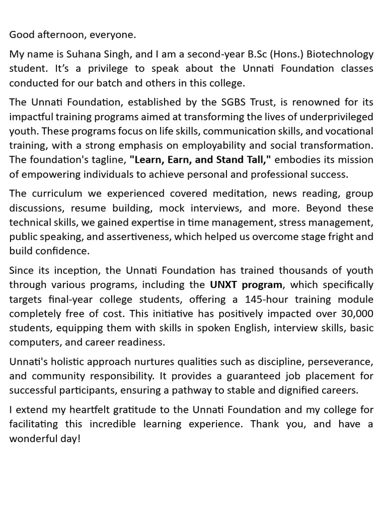 Unnati Foundation's Impact on Youth Training | PDF