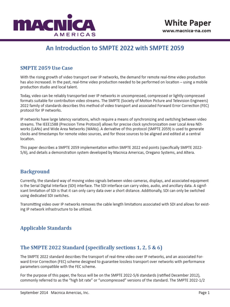 An Introduction To SMPTE 2022 With SMPTE 2059 | PDF | Video | Internet ...