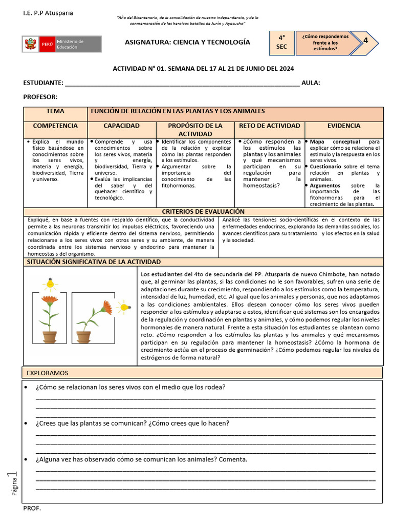 4°sec - UNIDAD 4 - ACTIVIDAD 1 (CyT Explica 2024) - Función de Relacion en Plantas y Animales-1 ...