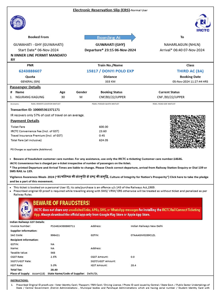 Train Ticket Guwahati To Naharlagun | PDF | Identity Document