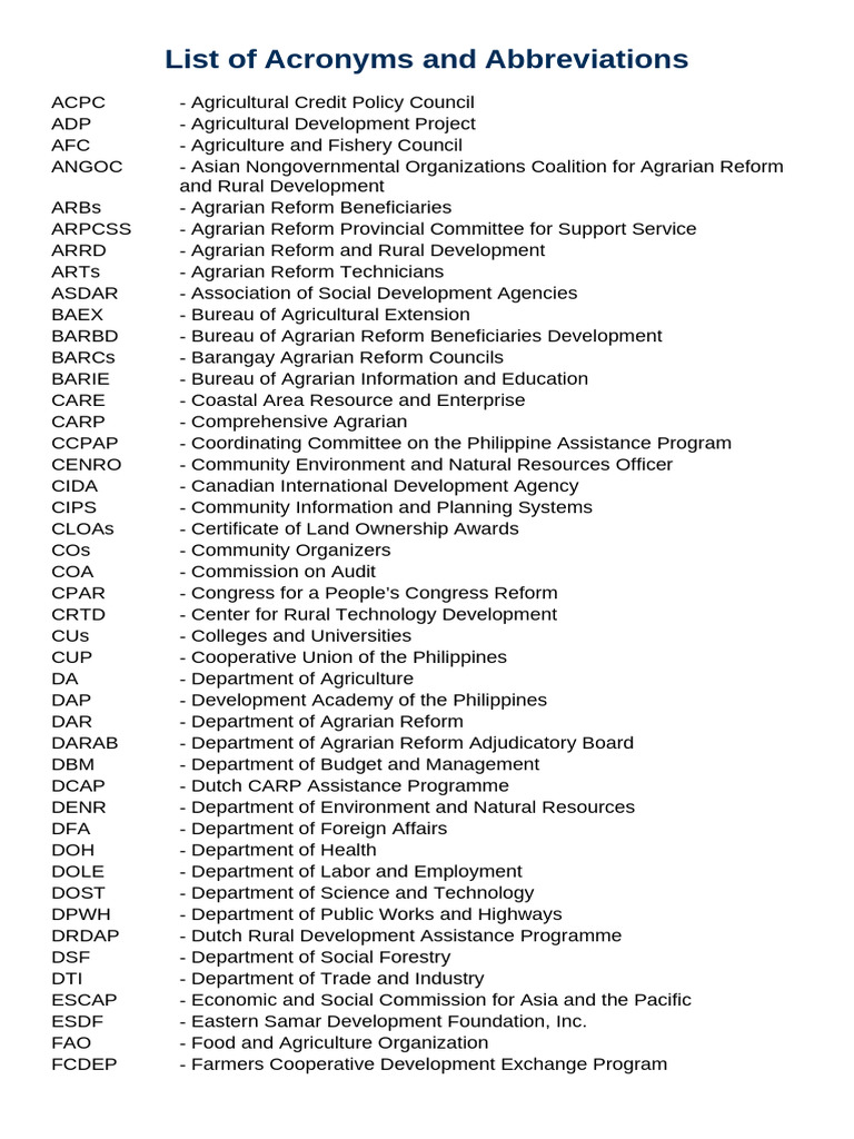 List of Acronyms and Abbreviations 3pages | PDF | Food And Agriculture ...