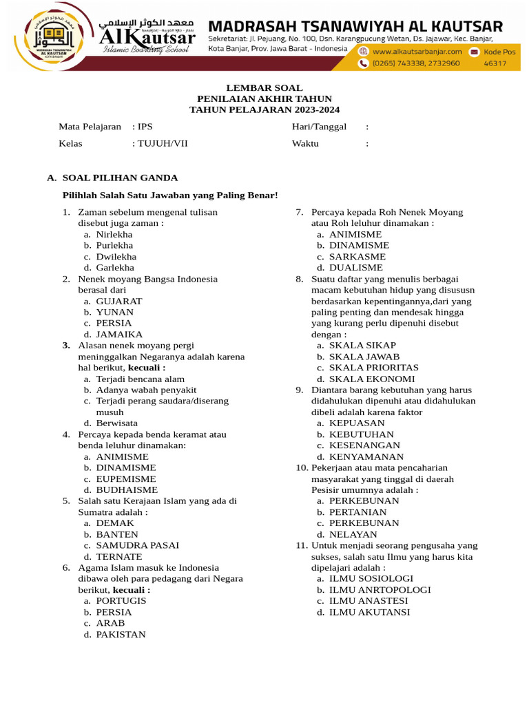 Lembar Soal Pat MTS Ips 7 24 | PDF | Perjalanan