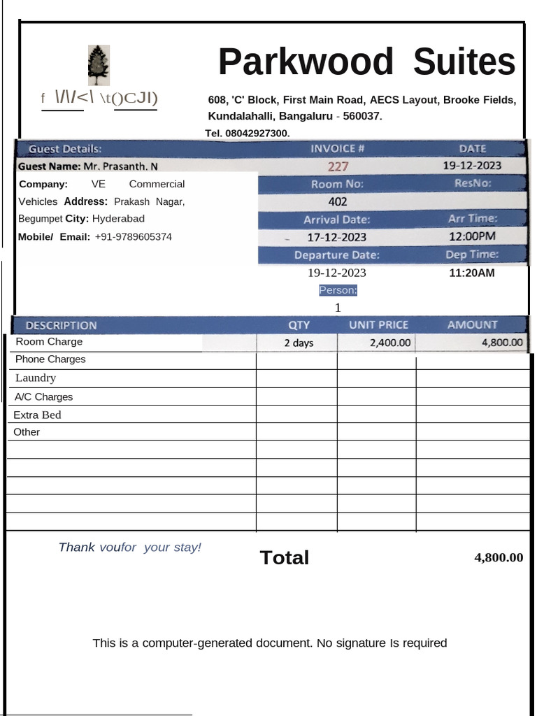 Bangalore Hotel Bill Receipt | PDF