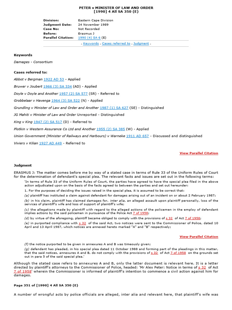 Peter v Minister: Loss of Consortium Claim | PDF | Damages | Lawsuit