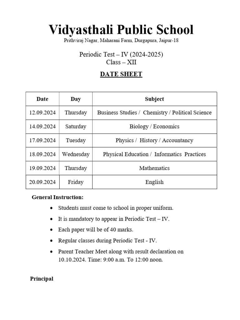 Class XII Periodic Test IV Date Sheet | PDF