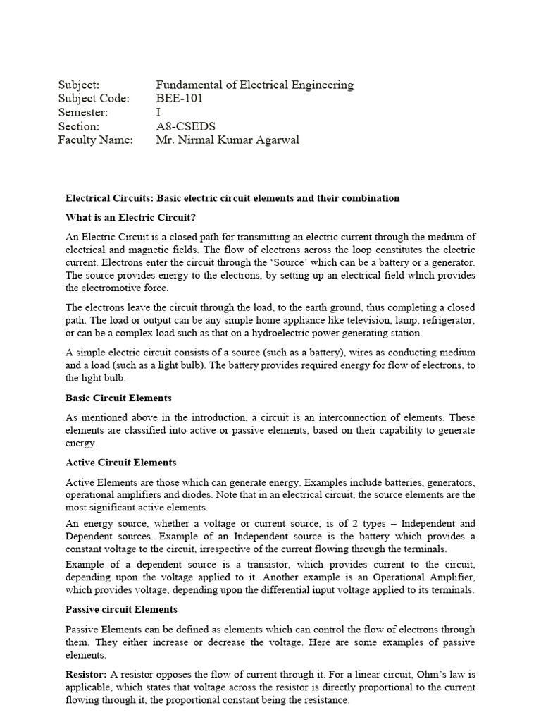 Electronics Engineering Notes Unit 1st Year | PDF | Electrical Network ...