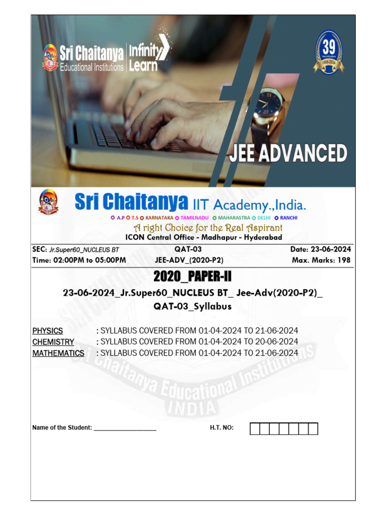 23-06-2024 - JR - Super60 - NUCLEUS BT - Jee-Adv (2020-P2) - QAT-03 - Q. Paper | PDF | Force | Gases
