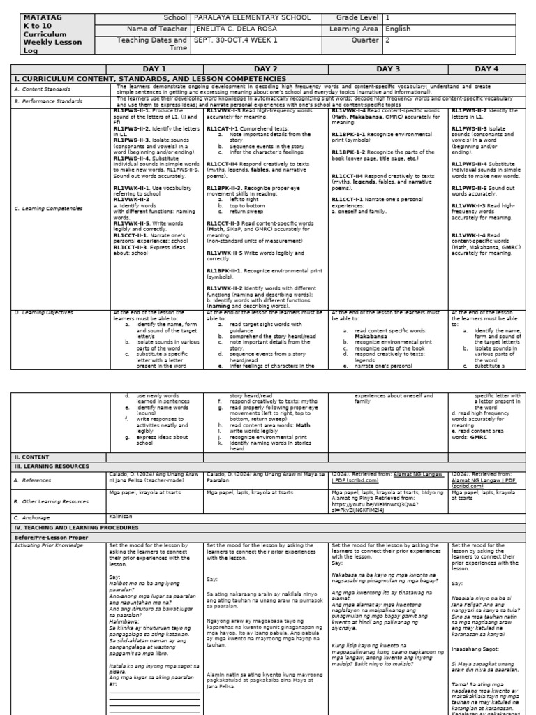 LE - Q2 - W1 - Reading and LiteracY | PDF | Vocabulary | Word