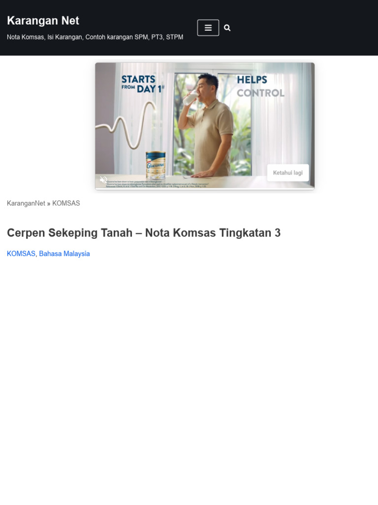 Cerpen Sekeping Tanah - Nota Komsas Tingkatan 3 - Karangan Net | PDF