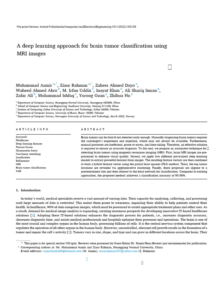 A Deep Learning Approach For Brain Tumor Classification Using | PDF ...