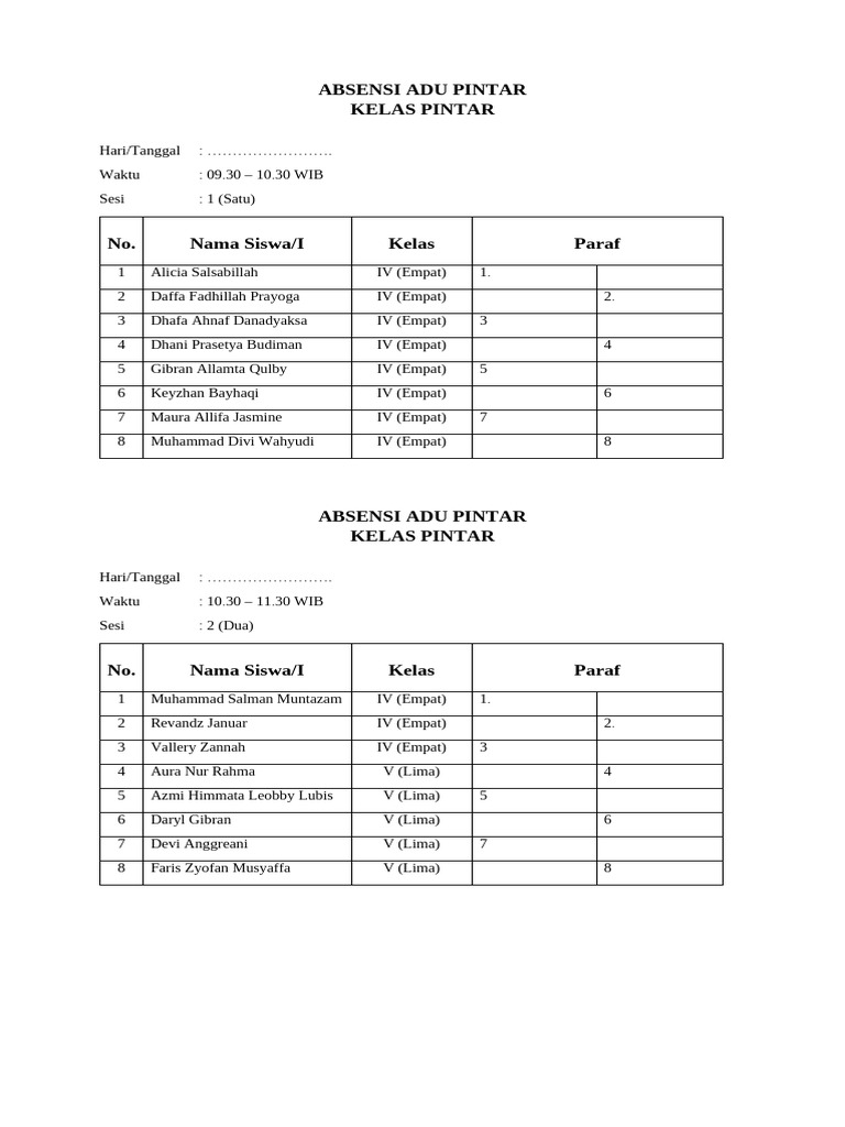 Absensi Adu Pintar | PDF