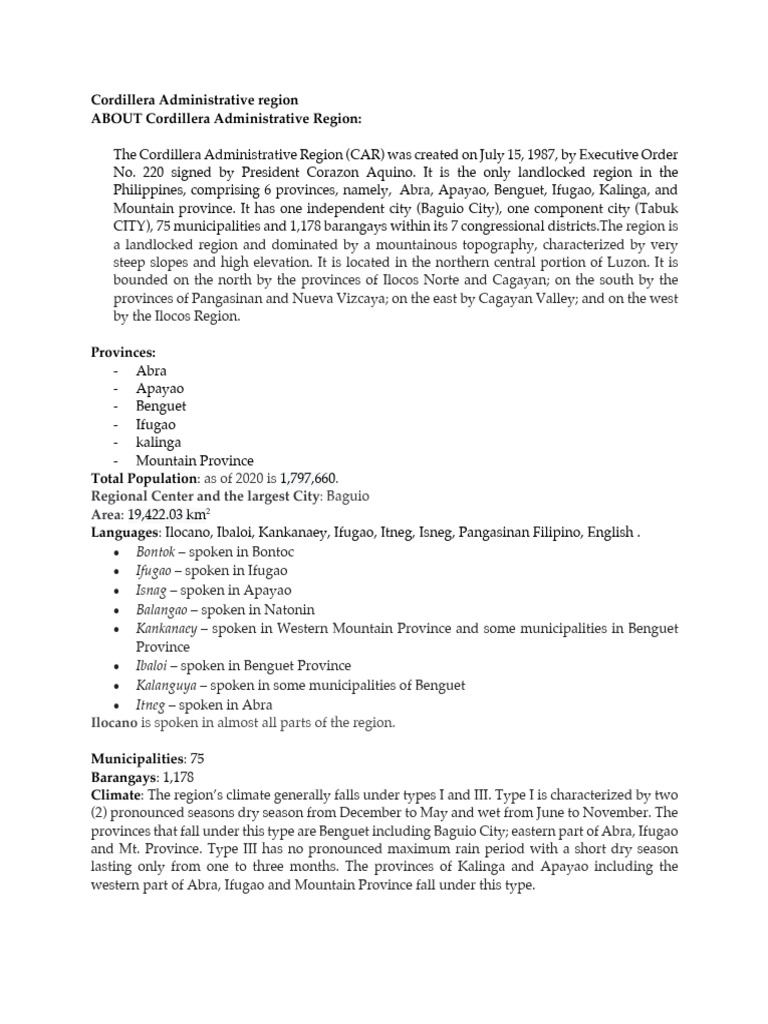 Cordillera Region Overview | PDF