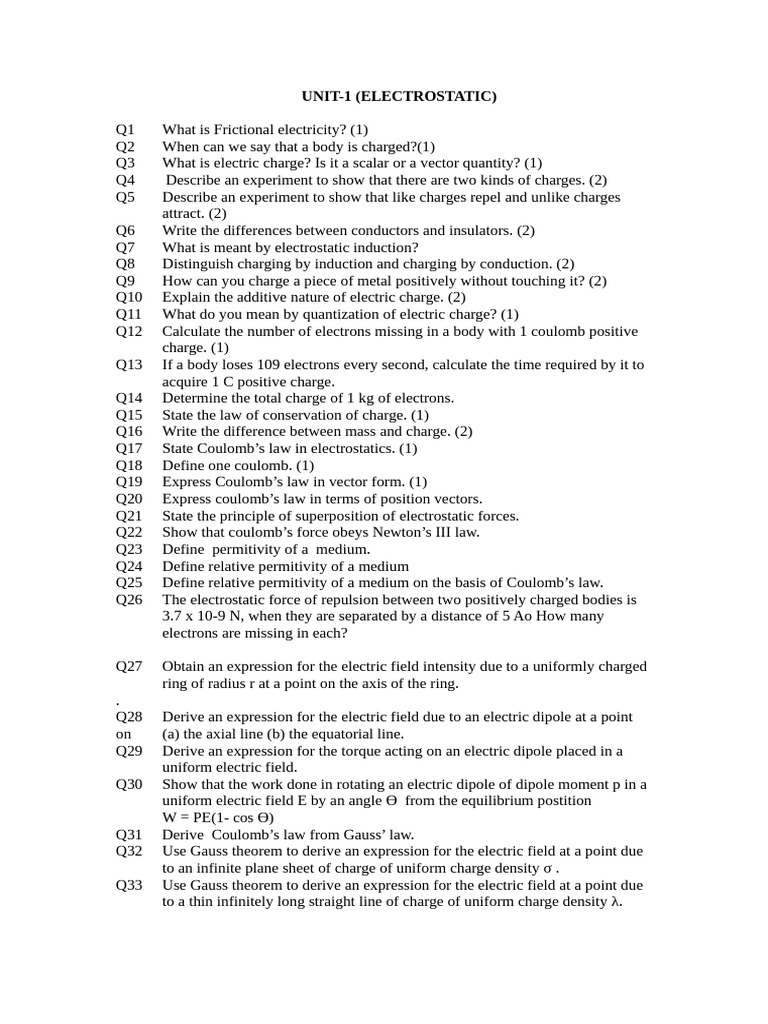 Unit1 5 Question Bank Class Xii Pdf Electric Field Capacitance 