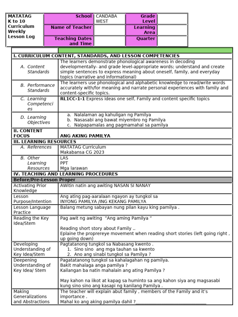 Matatag Lesson Exemplar English | PDF | Learning | Curriculum