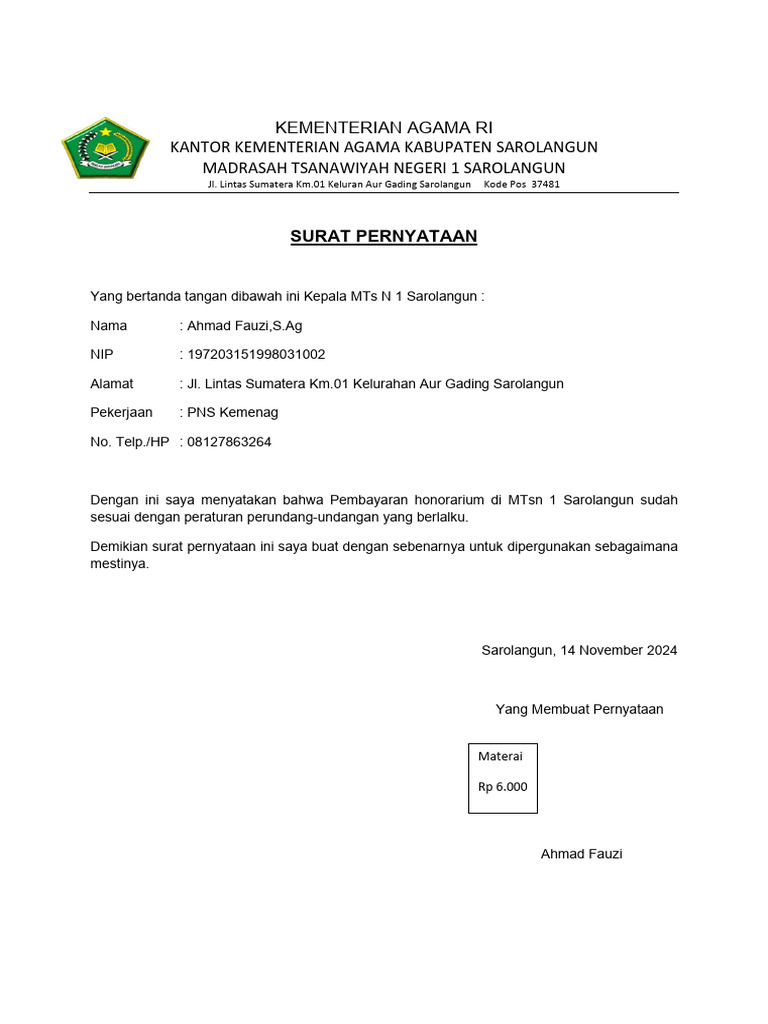 Surat Pernyataan Pembayaran Honor Sudah Sesuai Dengan Peraturan Yang ...