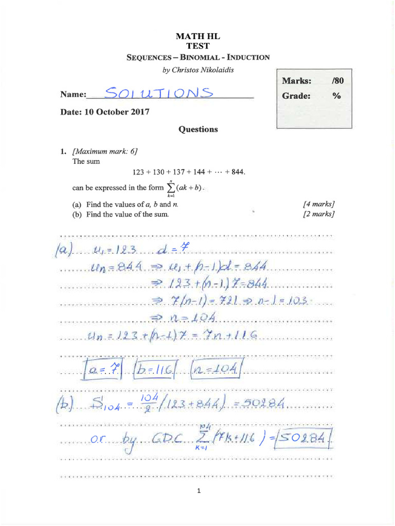 TEST 3. Sequences-Binomial-Induction (SOLUTIONS) | PDF