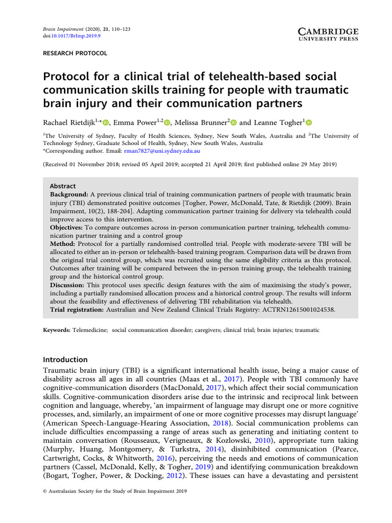 Protocol For A Clinical Trial of Telehealth-Based Social Communication ...