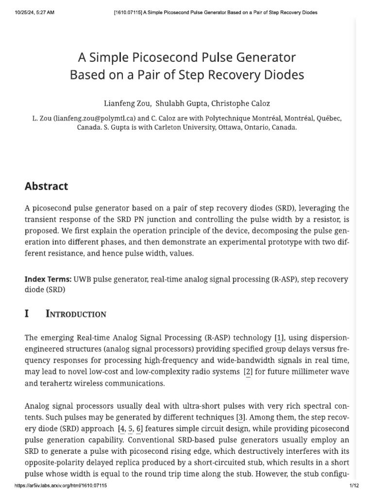 A Simple Picosecond Pulse Generator Based On A Pair of Step Recovery Diodes | PDF