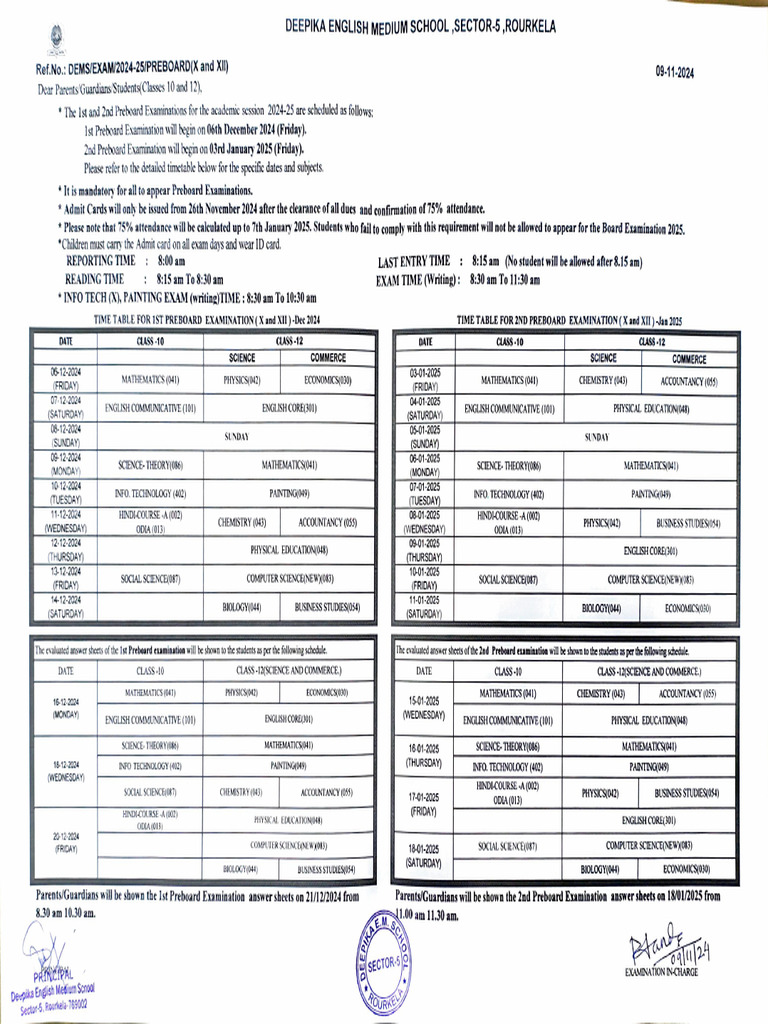 X-Xii - Time Table For Preboard Examinations 2024-2025 | PDF