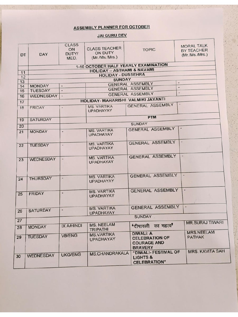 Assembly & Activity Planner (October) | PDF