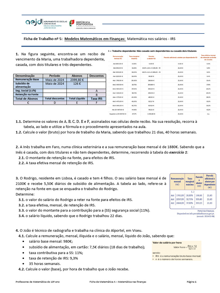 Modelos Matemáticos Finanças. Irs | PDF | Salário | Economias