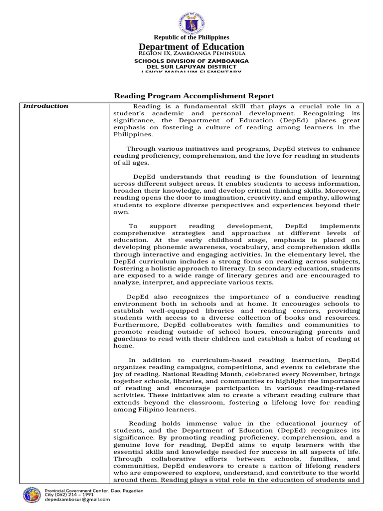 LenokMadalumES Reading Accomplishment ReportSY 2022 2023 | PDF ...