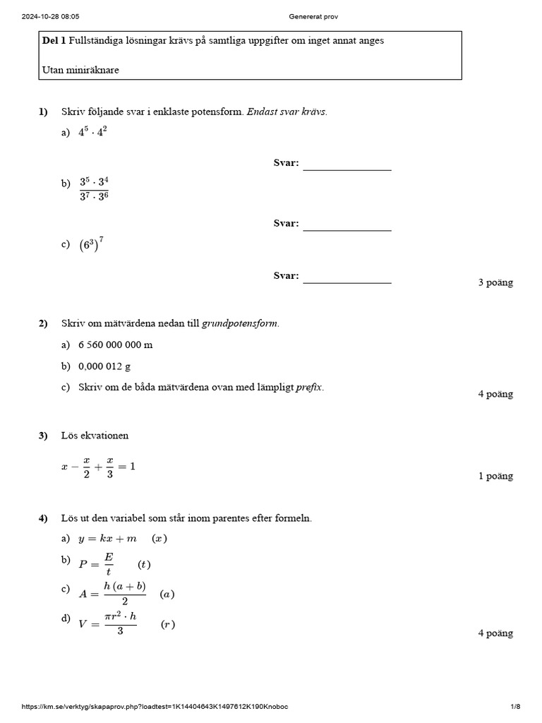 Övningsprov Potenser, Formler Och Algebra 2024 | PDF