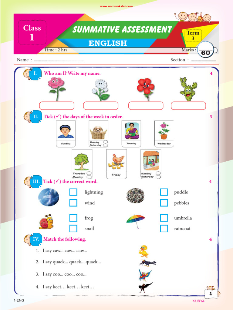 Grade 1 English Assessment | PDF