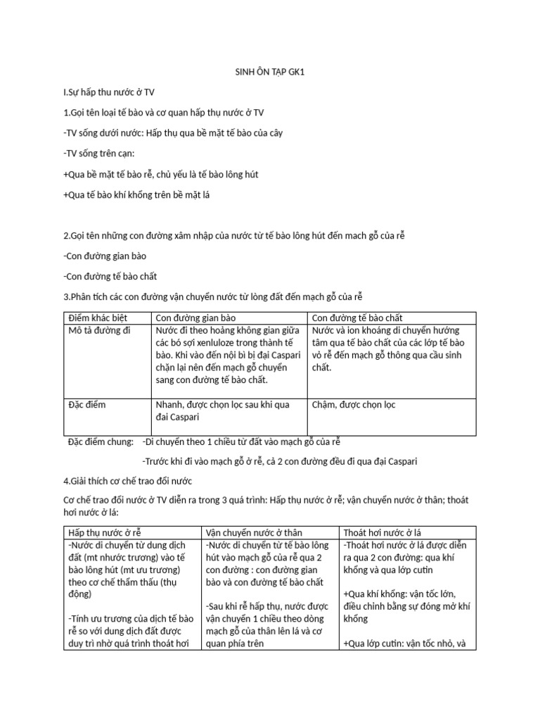 Sinh Ôn Tập GK1 | PDF