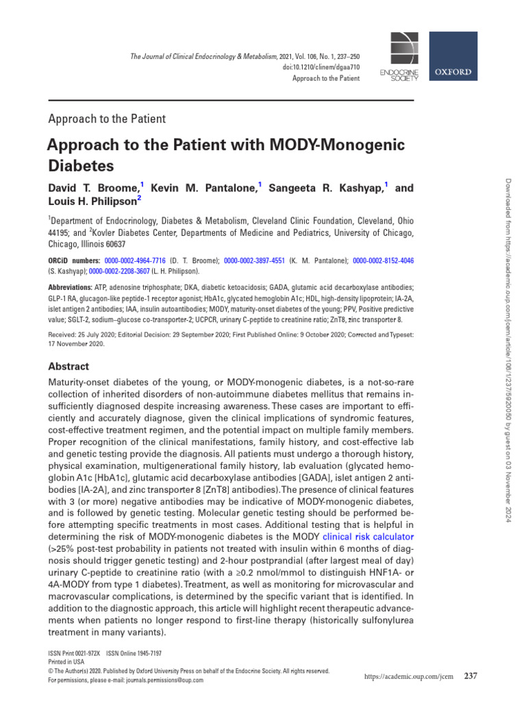 Approach To The Patient With MODY-Monogenic Diabetes | PDF | Diabetes ...