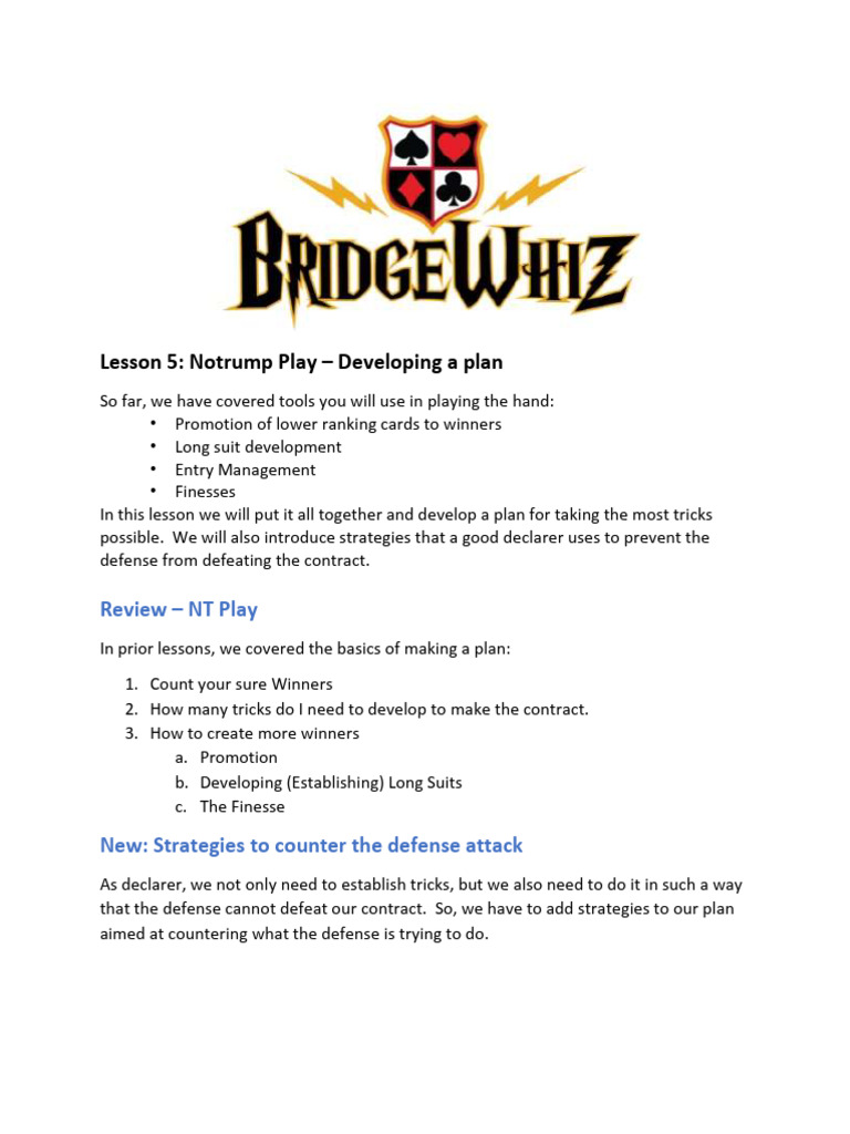 Lesson 5 - NT Play - Hold-Up, Avoidance and Finesse | PDF | Playing ...