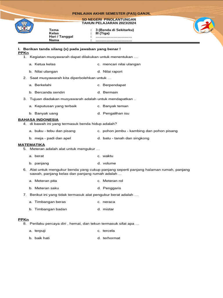 SOAL PAS KELAS 3 TEMA 3 Fix | PDF | Seni