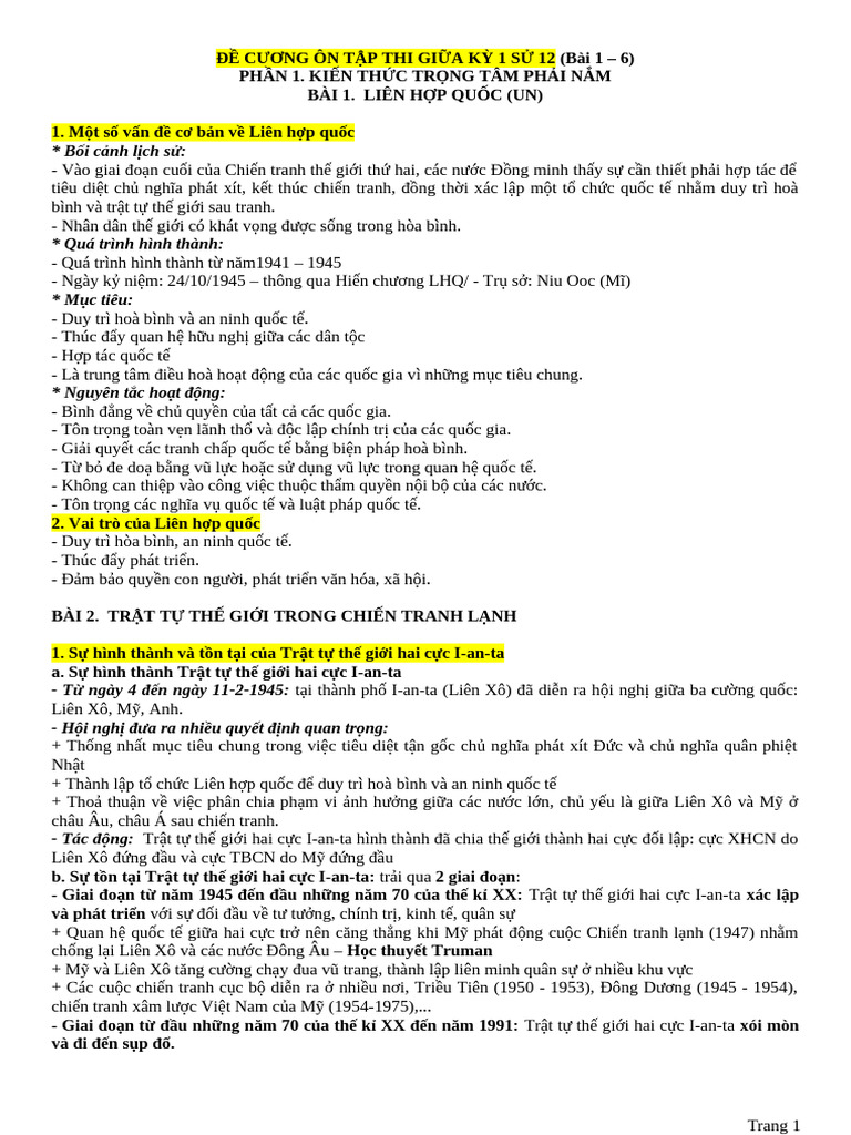 ĐỀ CƯƠNG THI GK1 SỬ 12 | PDF