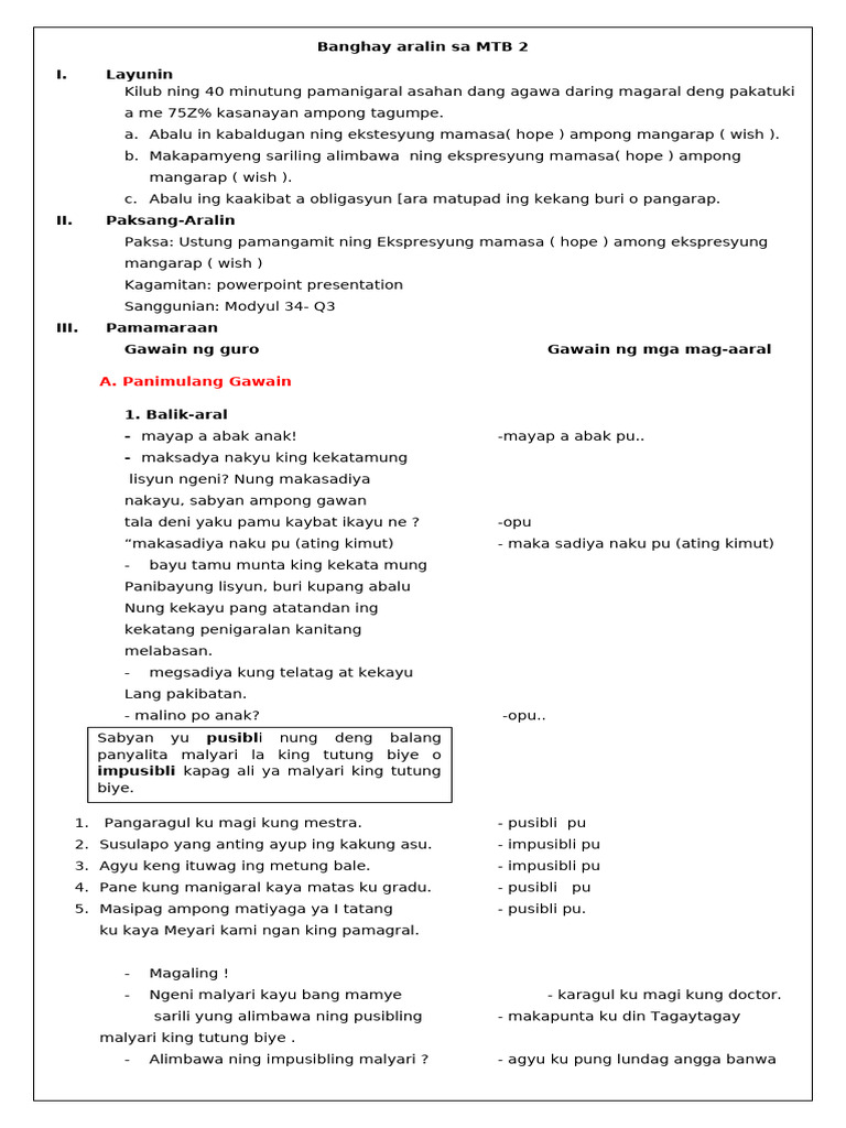 Banghay Aralin Sa MTB 2 - Candaba West Distric | PDF | Language Arts & Discipline | Self-Improvement