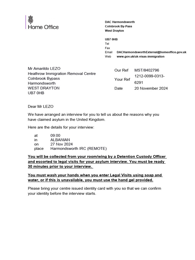 MR Amarildo LEZO Heathrow Immigration Removal Centre Colnbrook Bypass ...