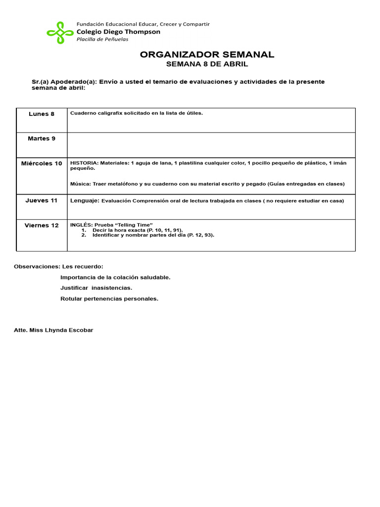 Organizador Semanal: Actividades 8-12 Abril | PDF