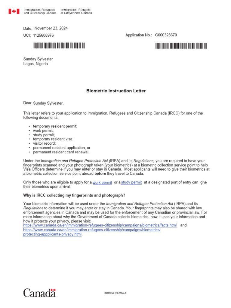 Biometric Instruction Letter (BIL) Guide | PDF | Immigration | Human ...