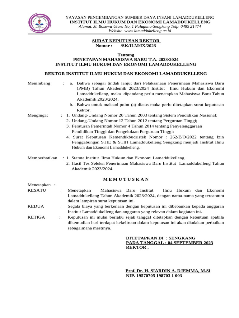 SK Penetapan Mahasiswa Baru T.A. 2023 - 2024 | PDF