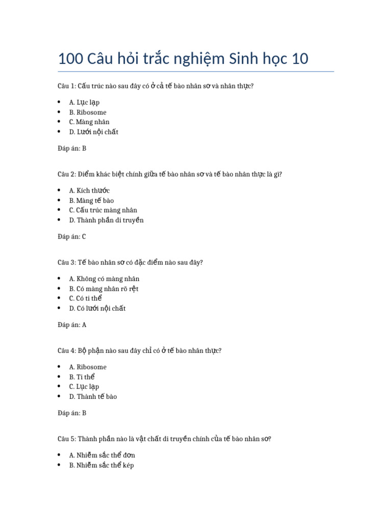 100 Cau Hoi Trac Nghiem Sinh Hoc 10 | PDF