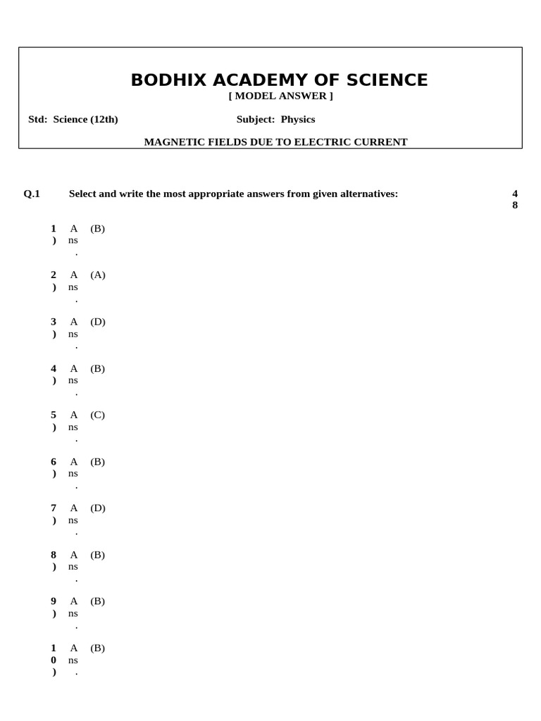 Answer Key Magnetic Fields Due To Electric Current Sep | PDF | Magnetic ...